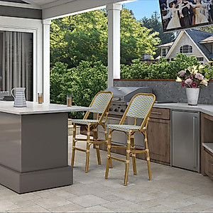 PURPLE LEAF French Bar Stool Set of 2 Outdoor Bar Patio Kitchen Counter Aluminum Frame Chair with Bamboo Print Finish Patio Bar Height Stool, Light Blue