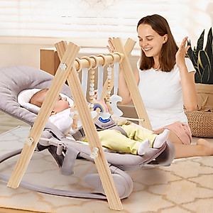 KIZZYEA Wooden Baby Play Gym, Infant Activity Gym for 0-3-6-12 Months, Wooden Foldable Frame Bar, Baby Activity Center, Newborn Montessori Gift for Boys Girls Ages 0 Month+