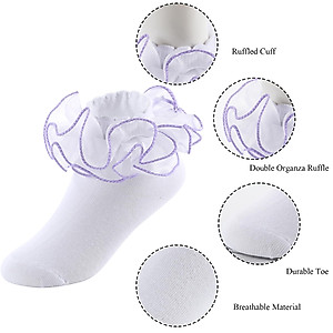 Yepami Big Girls Lace Socks Shimmering Cute Ruffle Comfortable Frilly Dress Ankle Socks 3 Pairs (Purple, Medium, 5_years)