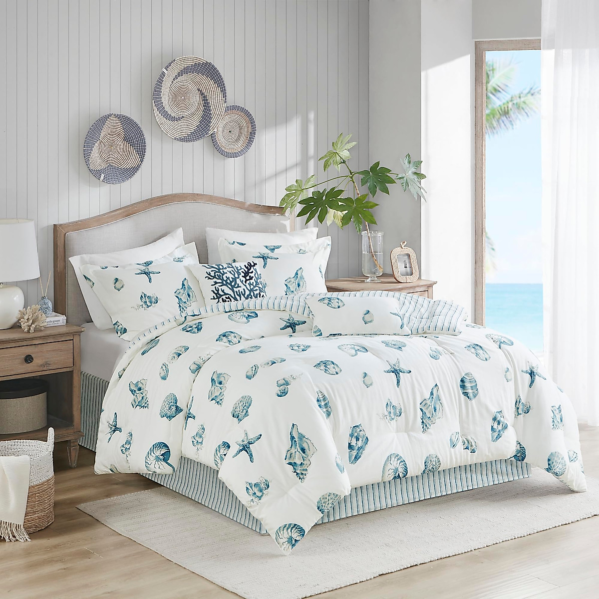 Harbor House Cozy Cotton Comforter Set - Coastal, All Season Down Alternative Casual Bedding with Matching Shams, Decorative Pillows, Beach House, Reversible Seashell Blue Twin(72"x90") 3 Piece