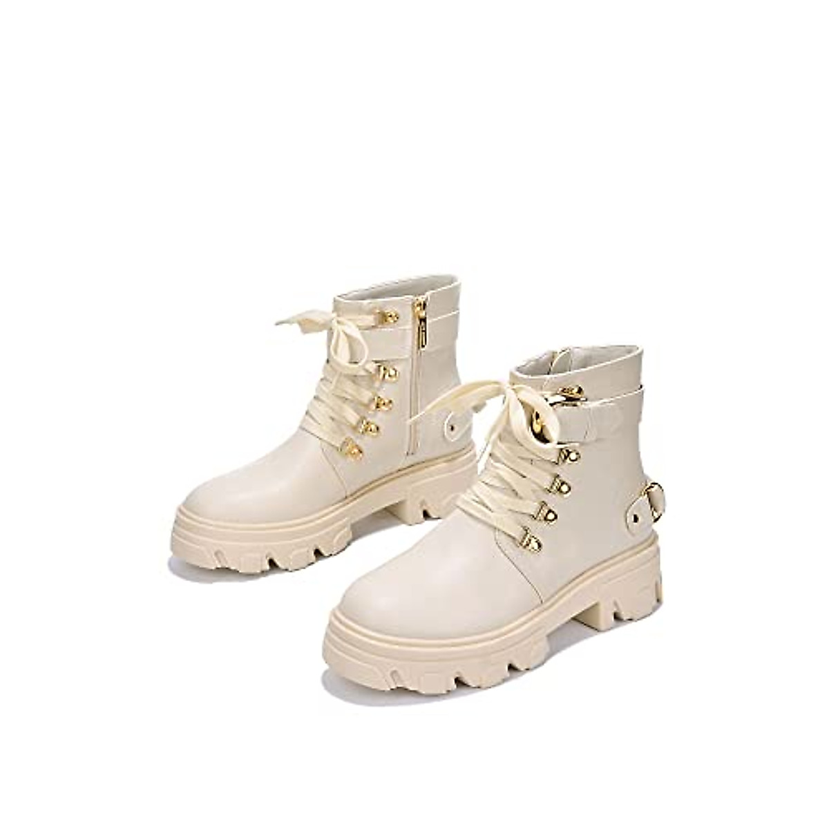 Cape Robbin Juicy Combat Boots for Women, Platform Boots with Chunky Block Heels, Womens Side Zipper High Tops Boots - Off White Size 7