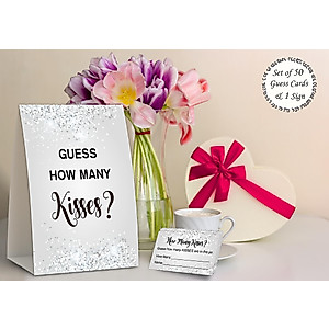 Silver Polka Dot Confetti Design Guess How Many Kisses Bridal Shower Game,Bridal Shower Decorations,Popular Bridal Shower Games,Engagement Party Game,Set Including 1 Sign And 50 Guessing Cards-08