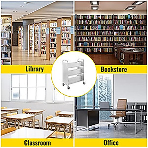 VEVOR Book Cart, 200lbs Library Cart, 35x19x49 Inch Rolling Book Cart Double Sided W-Shaped Sloped Shelves with 4-Inch Lockable Wheels, for Home Shelves Office and School Book Truck in White