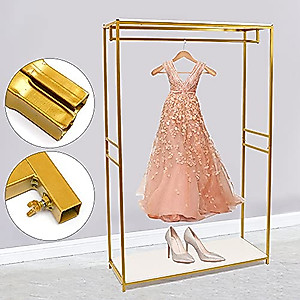 75"Retail Gold Clothing Racks with Shelves,Boutiques Garment Rack Wedding Dress Display Rack Metal Clothes Rack Heavy Duty Commercial Floor Standing Closet Hanging Rod Shoes Bag Clothes Organizer