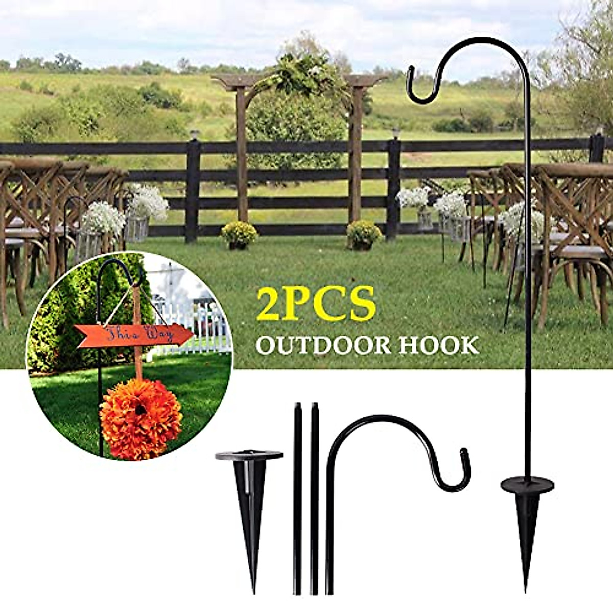 CALIDAKA 2 Pack Multi-Purpose Shepherds Hooks Outdoor Iron Shepherd Hook with Base Adjustable Heavy Duty Garden Hanging Stake for Lanterns Solar Light Plant Hanger Wedding Decor