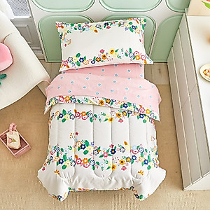 Joyreap 4 Piece Toddler Bedding Set, Floral Strips Design, Ultra Soft Microfiber Toddler Comforter for Kids Boys Girls, Includes Quilted Comforter, Fitted Sheet, Top Sheet, and Pillow Case