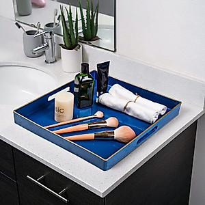 MAONAME Decorative Tray, Royal Blue Serving Tray with Handles, Coffee Table Tray, Square Plastic Tray for Ottoman, Bathroom, Kitchen, 13"x13"x1.57"