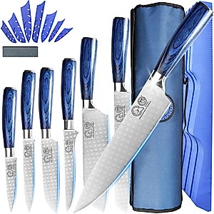 XYJ Kitchen Knife Block Sets 7pcs Stainless Steel Chef Knife Canvas Knife Bag Drawer Knife Holders Cooking Knife For Meat Fish Vegetable Cutting (Blue)