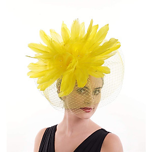 Lucky Leaf Girl Lady Hat Headwear Organza Church Feather Clip Fascinators Hat Wedding Party Kentucky Derby Cap for Women (Large Feather Yellow), Medium