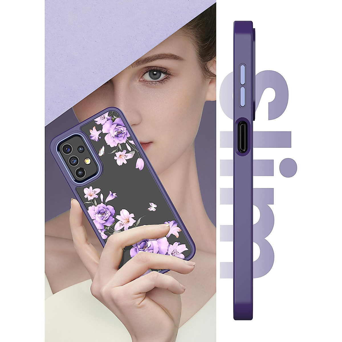 Dretal for Samsung A23 4G/ 5G Case, Galaxy A23 Case Tempered Glass Screen Protector,Military Grade Drop Tested Hard Back & Soft Edge Slim Flower Women Girls Phone Protective Cover(Deep Purple)