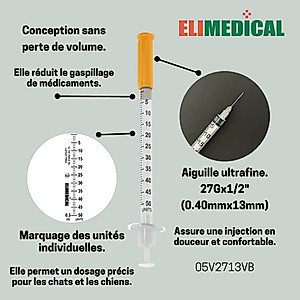 Elimedical Veterinary Insulin Syringe, U-100, 0.5cc (0.5ml), 27g x 1/2 inch (12.7mm), Individually Packed, for Pet Cat or Dog, 100 per Box, 05V2713VB
