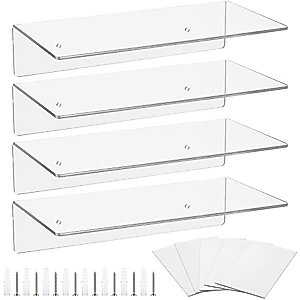 Vinsot 4 Pieces Acrylic Floating Shelves 12 Inch Clear Acrylic Shelf Acrylic Wall Display Shelf 4 mm Thick Invisible Book Shelves for Home Bathroom Office, Transparent, one size