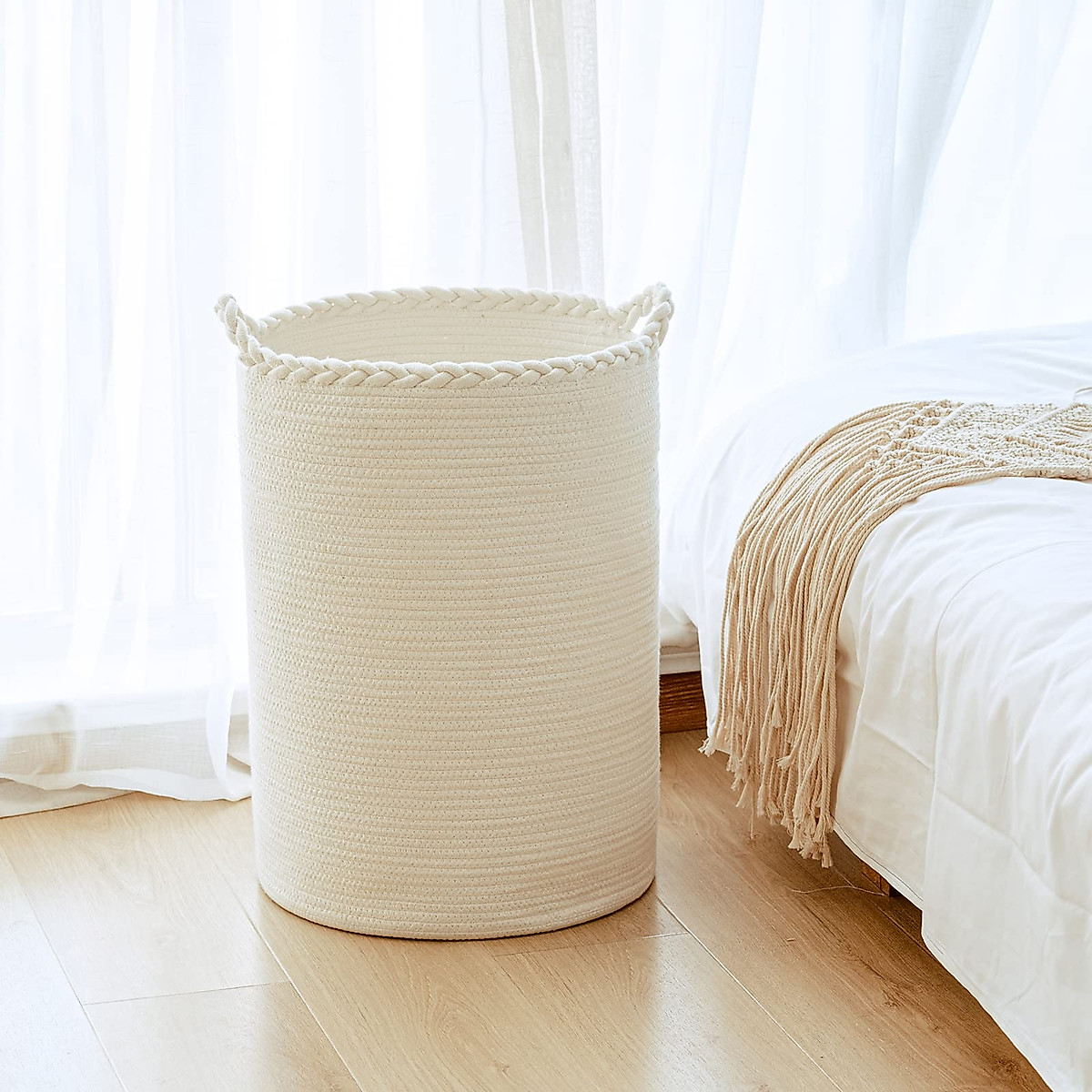 Homlikelan 58L Woven Laundry Basket,Cotton Tall Laundry Hamper for Blankets,Clothes,Pillows,Toys,Shoes Large Laundry Bin White