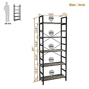 Bestier Bookshelf 5 Tier Bookcase Adjustable Shelves, Multifunctional Display Rack Storage Shelf Organizer Kitchen Standing Shelf for Home Office with Metal Frame,Gray