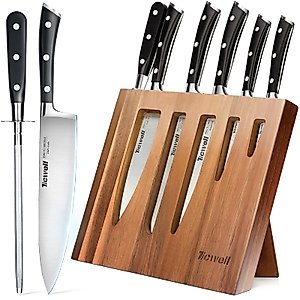 TICWELL Knife Set 7pcs Knife Set with Block Sharpener Kitchen Professional High Carbon German Stainless Steel, Hollow Wooden Block, Triple Rivet Safe Full Tang Knife Handle Dishwasher Safe