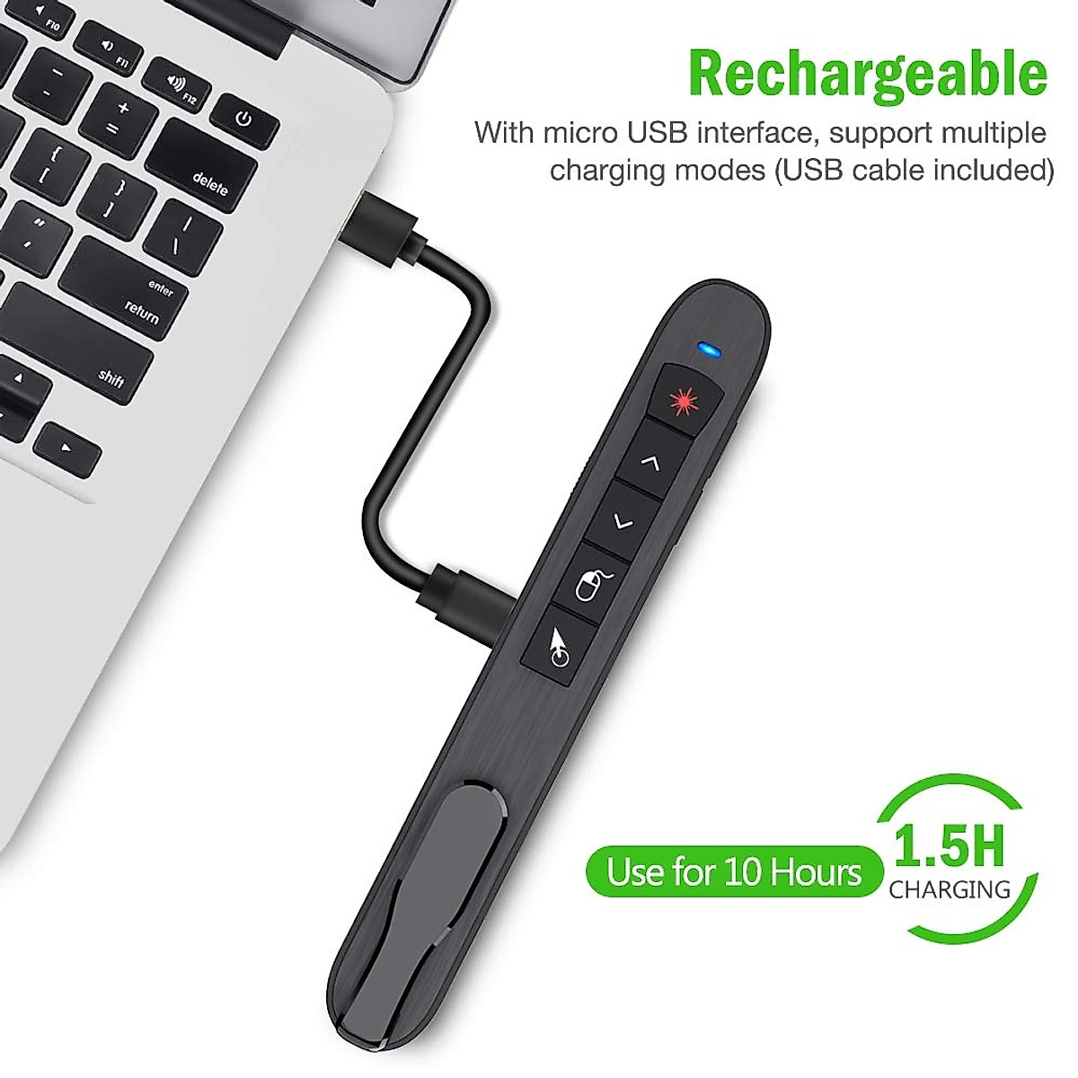 Air Mouse Green Light Presentation Remote Control USB Rechargeable Presentation Clicker Wireless Presenter RF 2.4 GHz Powerpoint Clicker Slide Advancer Changer Mac/Laptop/Computer