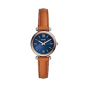 Fossil Women's Carlie Mini Quartz Stainless Steel and Leather Watch, Color: Rose Gold/Silver, Luggage (Model: ES4701)