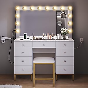 DWVO Vanity Desk Set with Hollywood Bulbs Mirror Power Outlet, Large Glass Top Vanity Makeup Mirror Desk Crystal Handle 3 Color Lighting Modes 9 Drawers Magnifying Glass, Makeup Vanity w/Bench, White