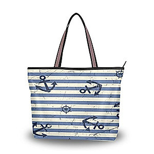 QMXO Sea Anchor Stripe Blue Handbags and Purse for Women Tote Bag Large Capacity Top Handle Shopper Shoulder Bag