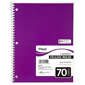 Mead 05512 Spiral Notebook, College Ruled 7.5" x 10.5" 70 Sheets, 1 Subject, 6 Pack, Colors May vary