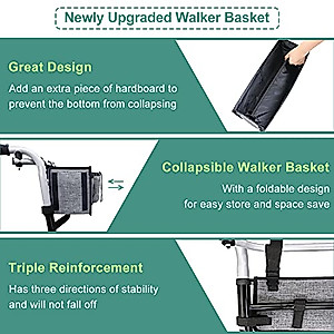 Basket for Walker, Ravmix Walker Accessories Bag with Cup Holder, Walker Basket for Folding Walker Hands-Free Storage Bag with Big Capacity & Never Tipping Over, Space Gray