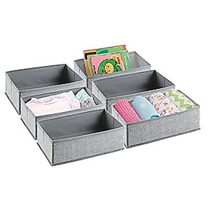 mDesign Fabric Drawer Organizer Bins, Kids/Baby Nursery Dresser, Closet, Shelf, Playroom Organization, Hold Clothes, Toys, Diapers, Bibs, Blankets, Lido Collection - 6 Pack - Gray
