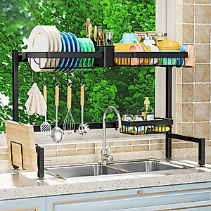 YKLSLH 2 Tiers of Retractable Large Over The Sink Dish Drying Rack with 3 Baskets, for All Sinks (22.8"-39.4"),Adjustable Large Capacity Sink Rack, Iron Drain Rack to Save Space（2 Tiers-3 Baskets）