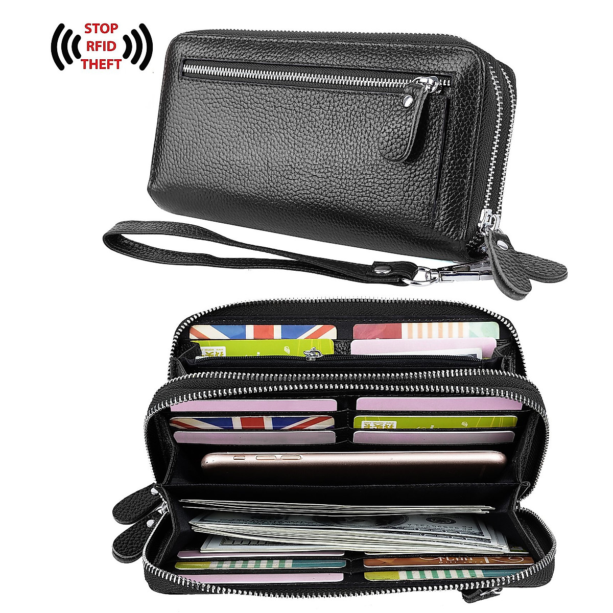 YALUXE Women's Double Zipper Leather Wristlet Wallet Cell Phone Purse Card Holder RFID Blocking