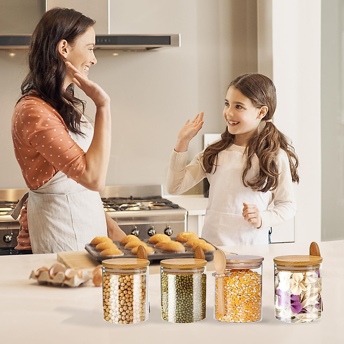 KDAWRO Airtight Glass Jars with Bamboo Lids & Bamboo Spoons, 19Oz 4PACK Borosilicate Glass Food Storage Sugar Containers, Durable Glass Canisters Hold Coffee Beans, Tea, Flour, Candy, Bath Salts