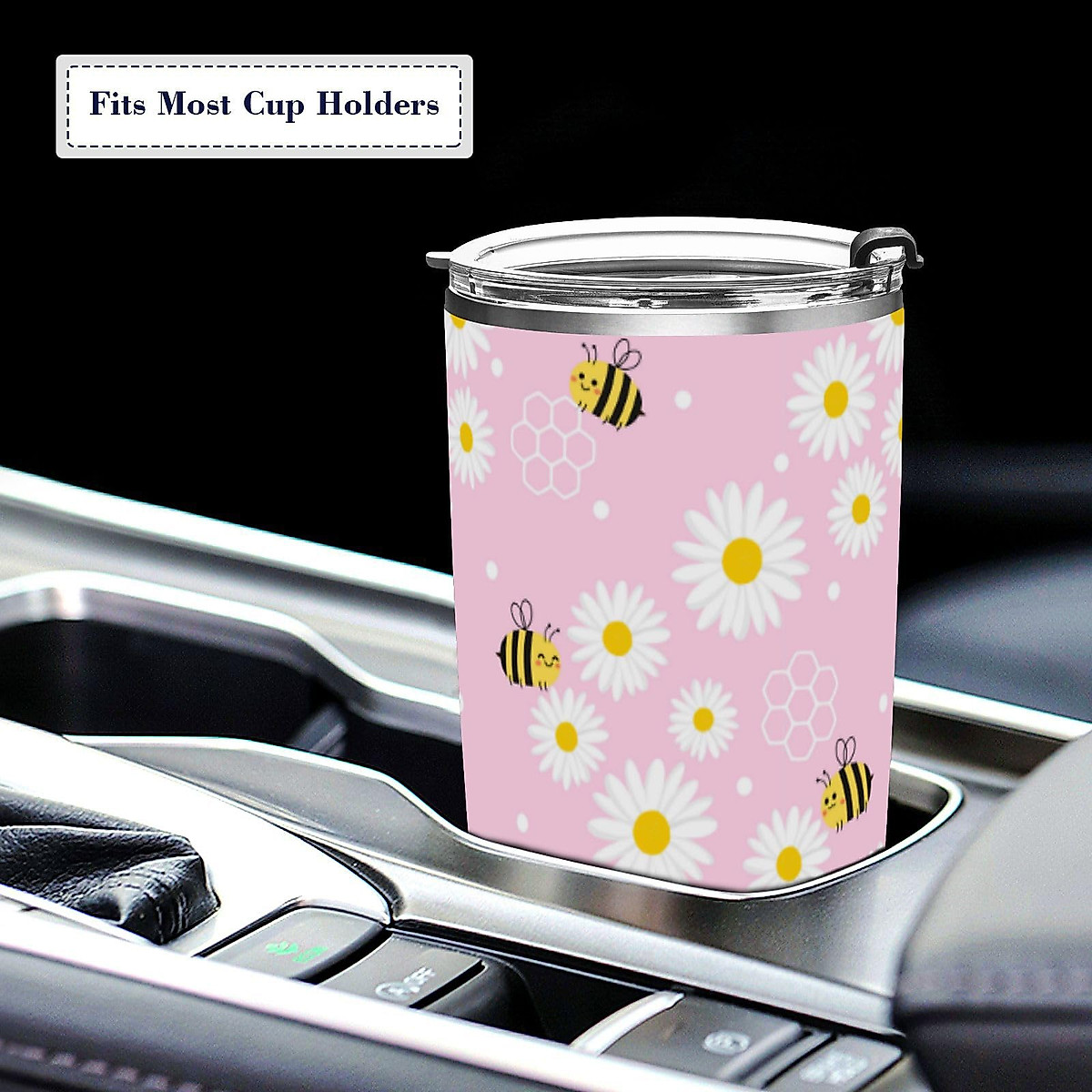 12 Oz Stainless Steel Vacuum Insulated Tumbler Cartoon Cute Bees Daisy Pink Coffee Cup with Lids and Straw Daisy Flower Double Wall Water Travel Mug for Hot and Cold Drinks for Home Office