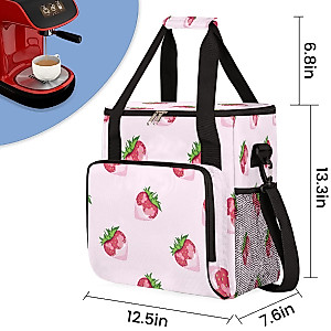 Pink Cute Strawberry Coffee Maker Carring Bag Travel Storage Tote Bag Compatible with Keurig K-Mini or K-Mini Plus Portable Single Serve Coffee Brewer Case with Pockets for K-cup Pods