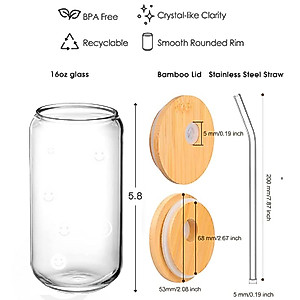 Smiley Face Glass Cups with Lids and Straws- Tumbler with Lid and Straw- 16 oz Iced Coffee Cup w/Bamboo Lid Stainless Streel Straw- Beer Can Shaped Drinking Glasses- Cute Cups- Gift for Women