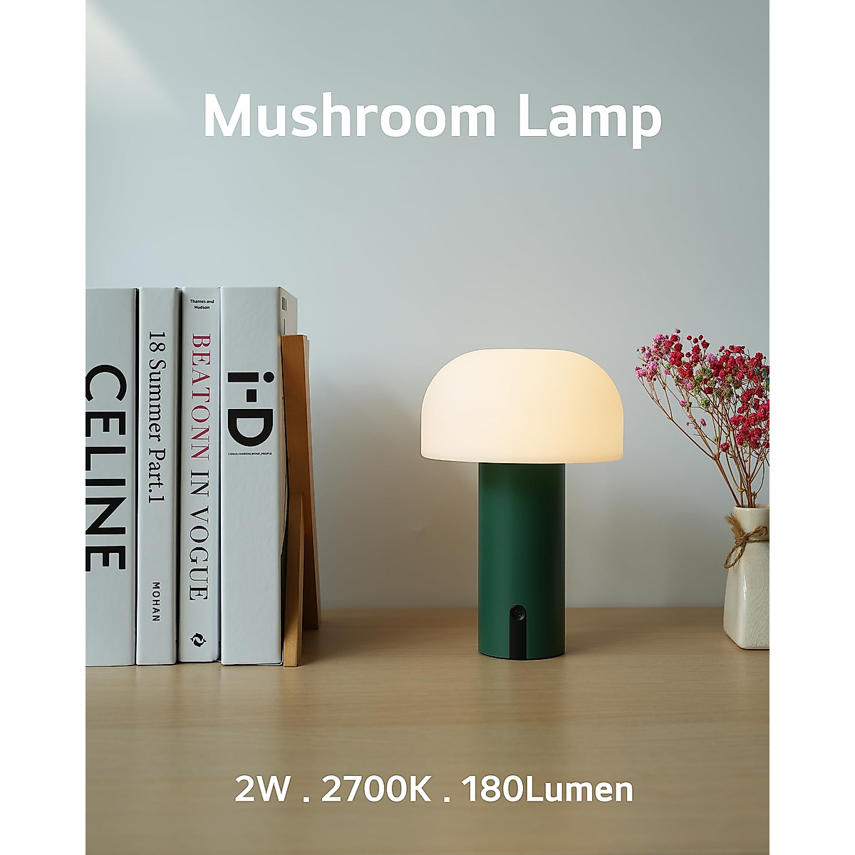 WEILAILUX Cordless Mushroom Table Lamp, Waterproof Shower Lamp, Battery Operated Table Lamp Rechargeable, Touch Dimmable Night Light for Bedroom/Patio/Camping/Dinning/Outdoor (Green)