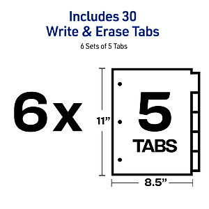 Avery 5-Tab Binder Dividers, Write & Erase Multicolor Big Tabs, 6 Sets (23076)