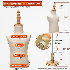TaroKitc Child Mannequin Torso Kid Dress Form Adjustable Height Mannequin with Wooden Base for Sewing Dressmakers Photographing Dress Jewelry Display (Beige, 4-5 Years Old)