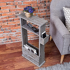 MyGift Narrow Side Table, Slim End Sofa Table in Vintage Gray Wood with Storage Shelf, Magazine and Remote Holder
