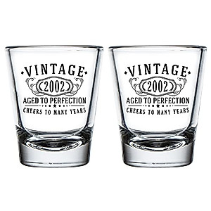 Spotted Dog Company 2pk Vintage 2002 Printed 1.75oz Shot Glass Set - Aged to Perfection - 21st Birthday Gifts for Him Men - 21 Years Old Decorations Anniversary for Women Her