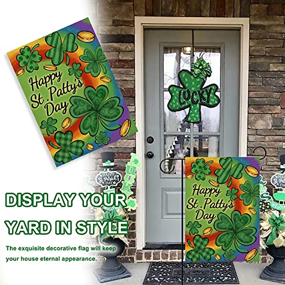 Covido Home Decorative Happy St. Patrick's Day Shamrock Clover Garden Flag, Rainbow Yard Outside Decorations, Irish Luck Outdoor Small Decor Double Sided 12x18