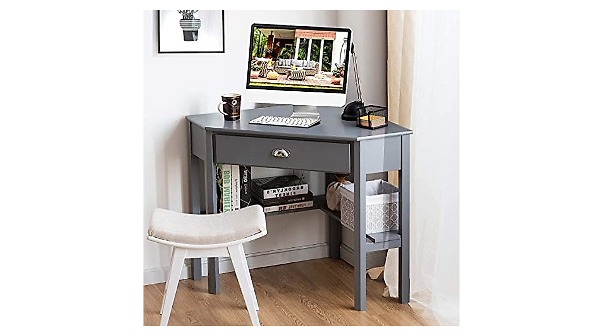 Goplus Corner Desk Grey - Space-Saving Modern Workstation