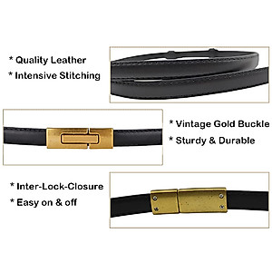 ALAIX Women's Leather Skinny Belt for Dress Adjustable Thin Waist Belt Dress Belt with Vintage Gold Buckle Black