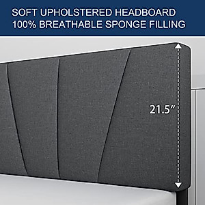 Molblly Queen Bed Frame Upholstered Platform with Headboard and Strong Wooden Slats, Strong Weight Capacity, Non-Slip and Noise-Free,No Box Spring Needed, Easy Assembly,Dark Grey Queen Bed
