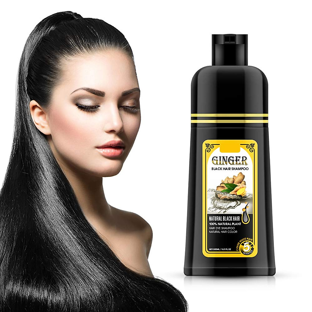 Ginger Black Semi-Permanent Hair Dye Shampoo, Instant 30-Day Color Matter, Completes in 5 Minutes - 500ml (Ginger Fragrance)