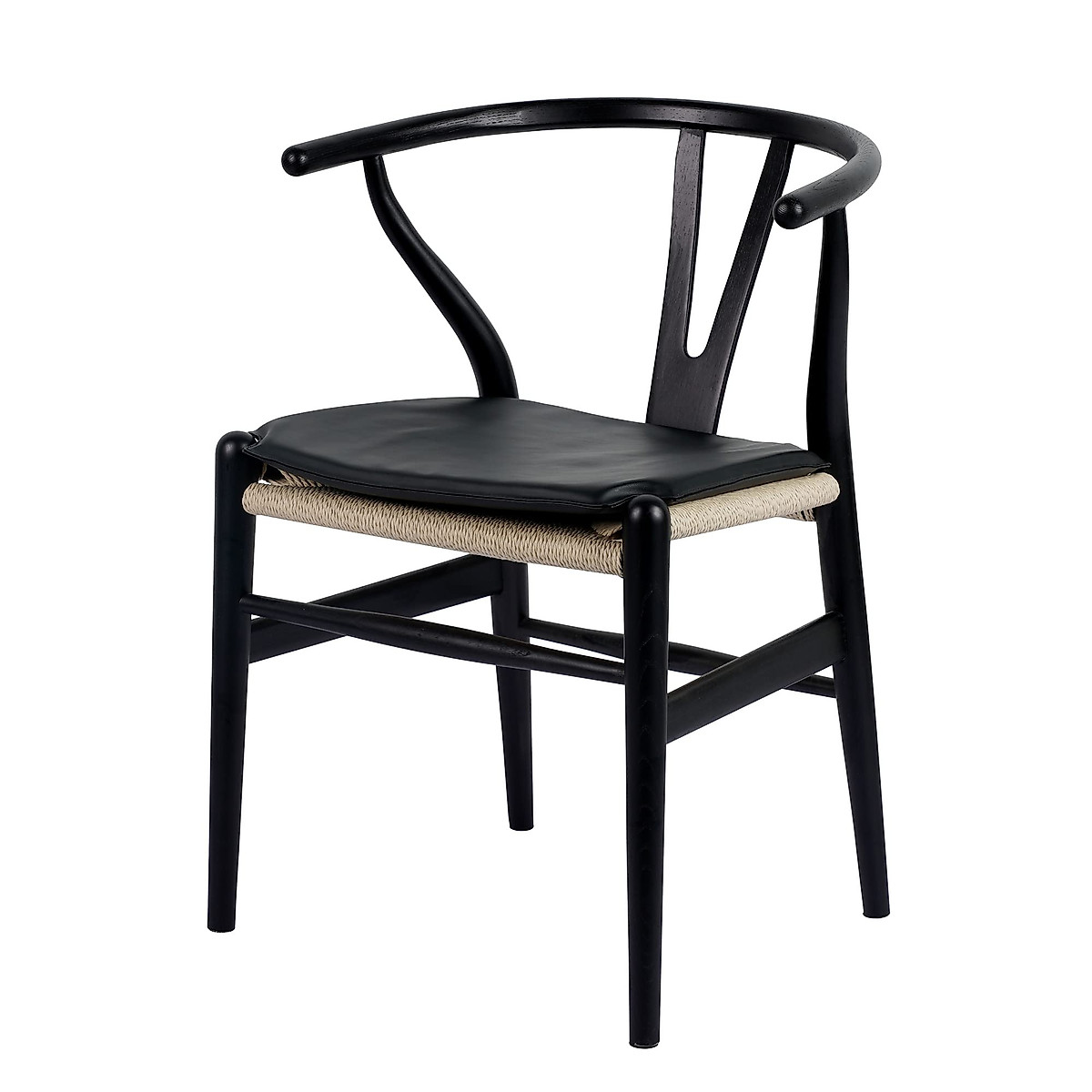 Forsho Set of 2 Solid Wood Wishbone Dining Chair with PU Soft Seat Cushion,Mid-Century Y Back Weave Dining Chair（Ash Wood - Black + Natural Cord + Cushion）