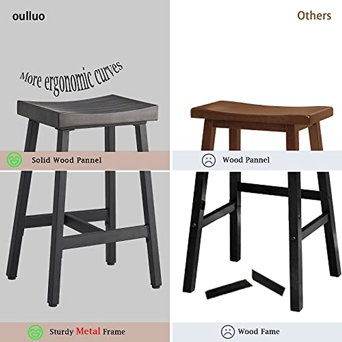 OUllUO Black Gray Bar Stools Set of 2, Backless Saddle Barstools, 25" Counter Height Bar Stools, Gray Solid Wood Counter Stools with Metal Frame for Kitchen Island, 521P-BGWD