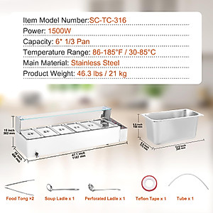 VEVOR 6-Pan Commercial Food Warmer, 6 x 8QT Electric Steam Table with Glass Cover, 1500W Countertop Stainless Steel Buffet Bain Marie 86-185°F Temp Control for Catering, Restaurants, Silver