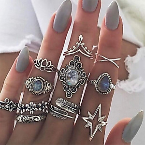 Aimimier 11 Pcs Bohemian Stackable Joint Knuckle Ring Set Carved Flower Star Leaf Gemstone Midi Ring Vintage Finger Rings for Women