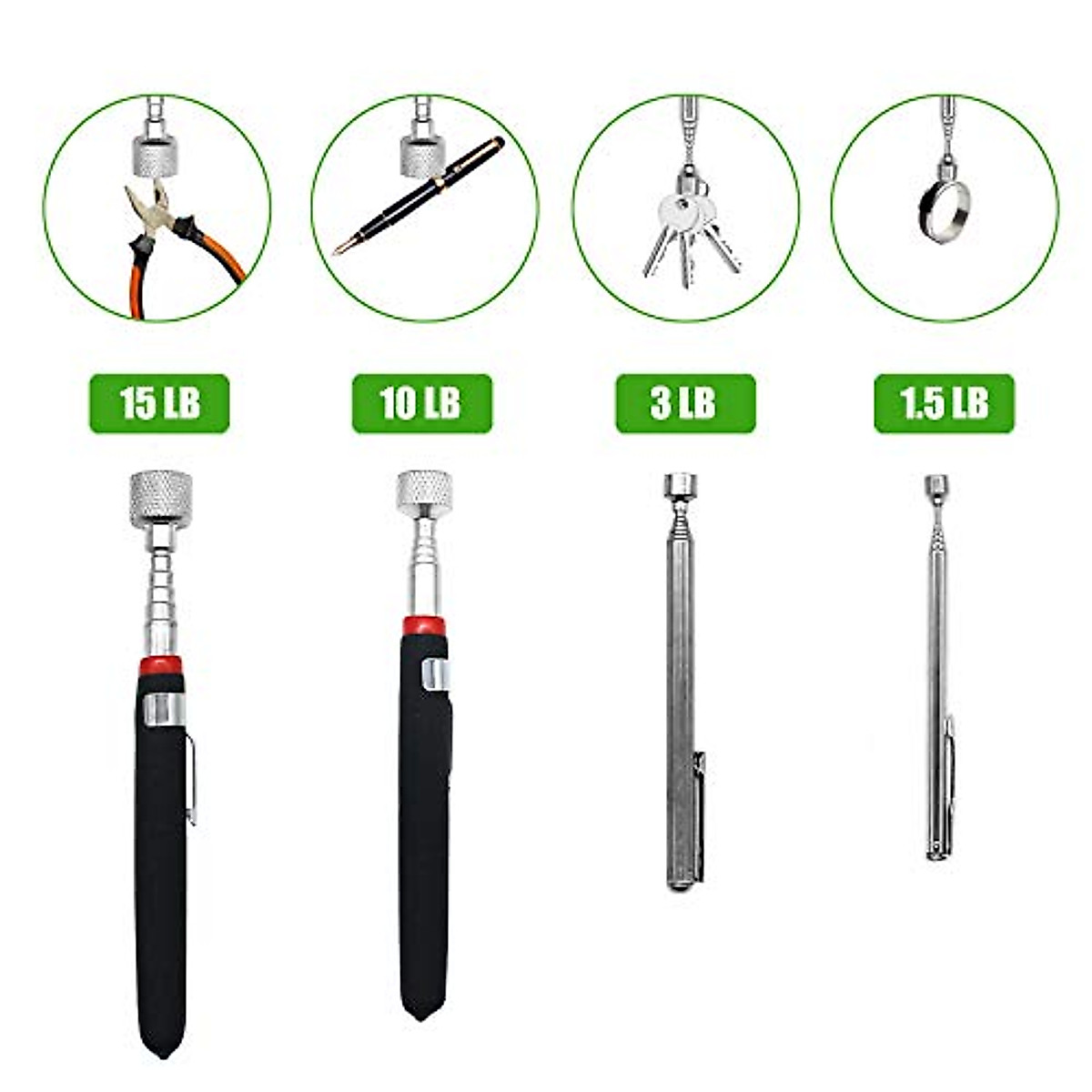 Telescopic Magnet, Magnetic Pick Up Tool 4 Pack, Magnetic Retrieval Tool, Magnet Stick (1.5LB 3LB 10LB 15LB) by QPEY