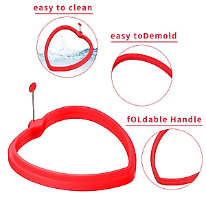 Egg Ring Heart Mold 2PCS Reusable Silicone Egg Pancake Ring Heart Mold With Brush & Scraper & Egg Separator Makes Perfect Shaped Pancakes and Eggs
