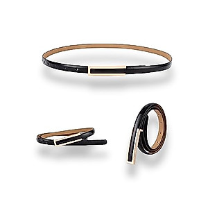 Women's Belt Fashion Elegant Dress Skinny Patent Leather Belts Waistband Thin Waist Belt Alloy Gold Buckle, 2-Pack, Black & Peach-Pink, For Waist 28"- 34", Women Size S-M, 4-6
