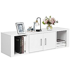 Giantex Wall Mounted Storage Cabinet 2 Cube Floating Media Hanging Desk W/2 Doors and 2 Open Shelves, Home Office Furniture for Kitchen, Bathroom, Living Room Floating Console Hutch (White)